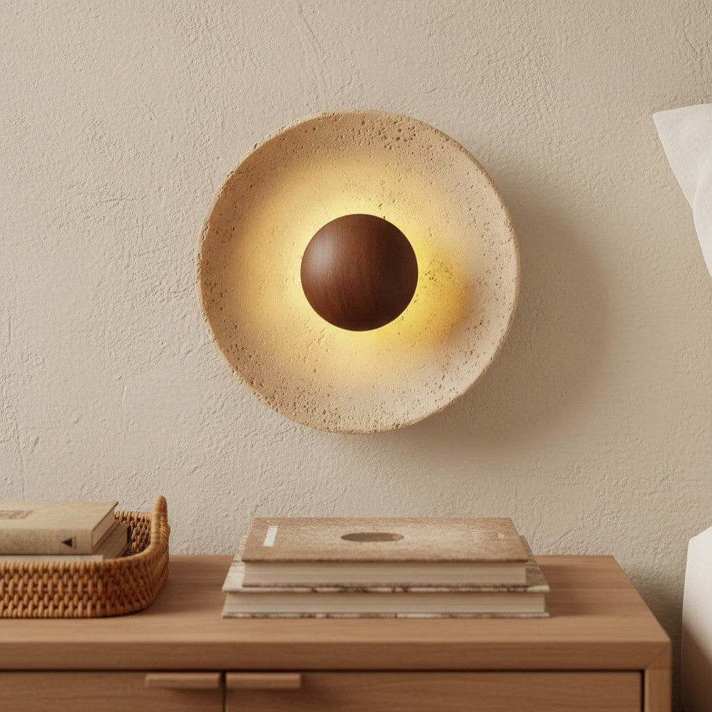 Heliara Round Halo Travertine Wall Light | LuciaLiving – Lucia Living