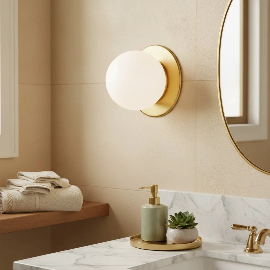 Nria Classic Minimalist Brass Glass Orb Wall Sconce |Lucia Living